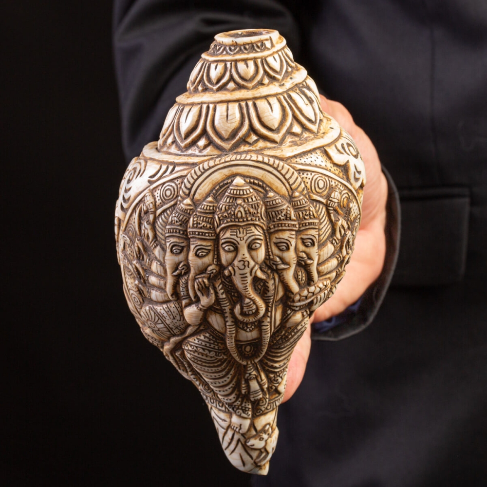 Carved Shankha with Multiform Ganesha.