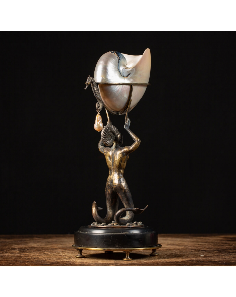 Triton Bronze Sculpture with Nautilus on an ancient marble base