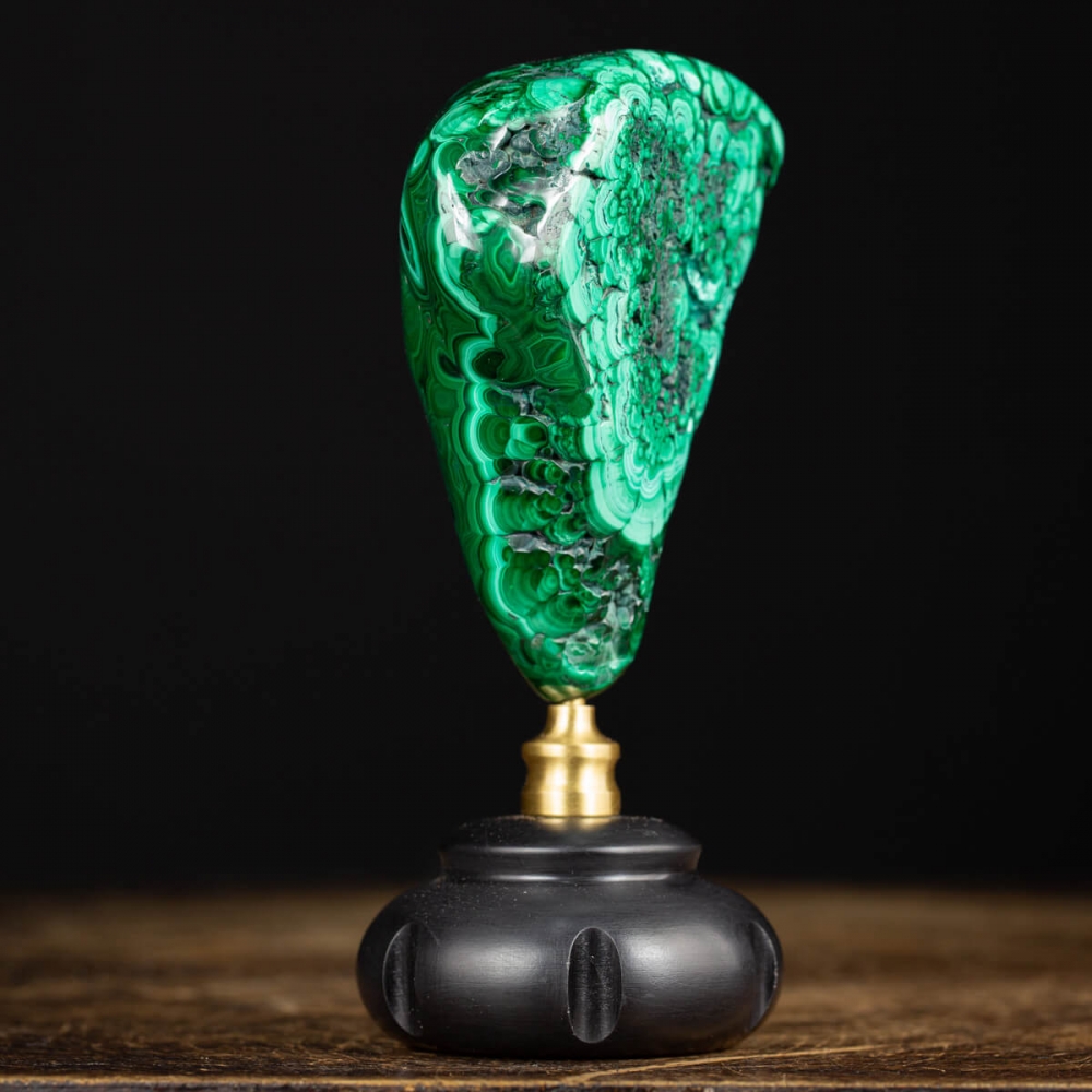 Malachite sur Socle en Laiton et Bois - Congo