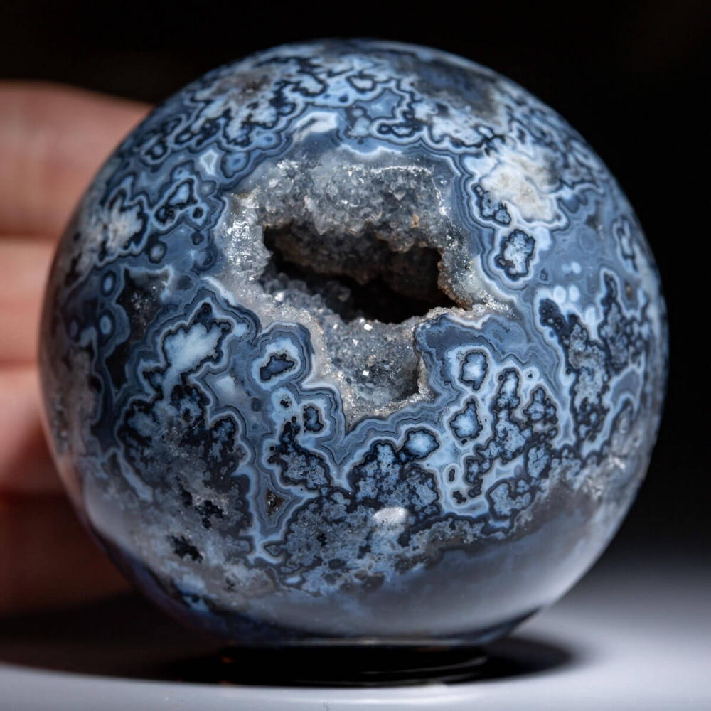Natural Blue Agate Sphere with Geode - MOS-01